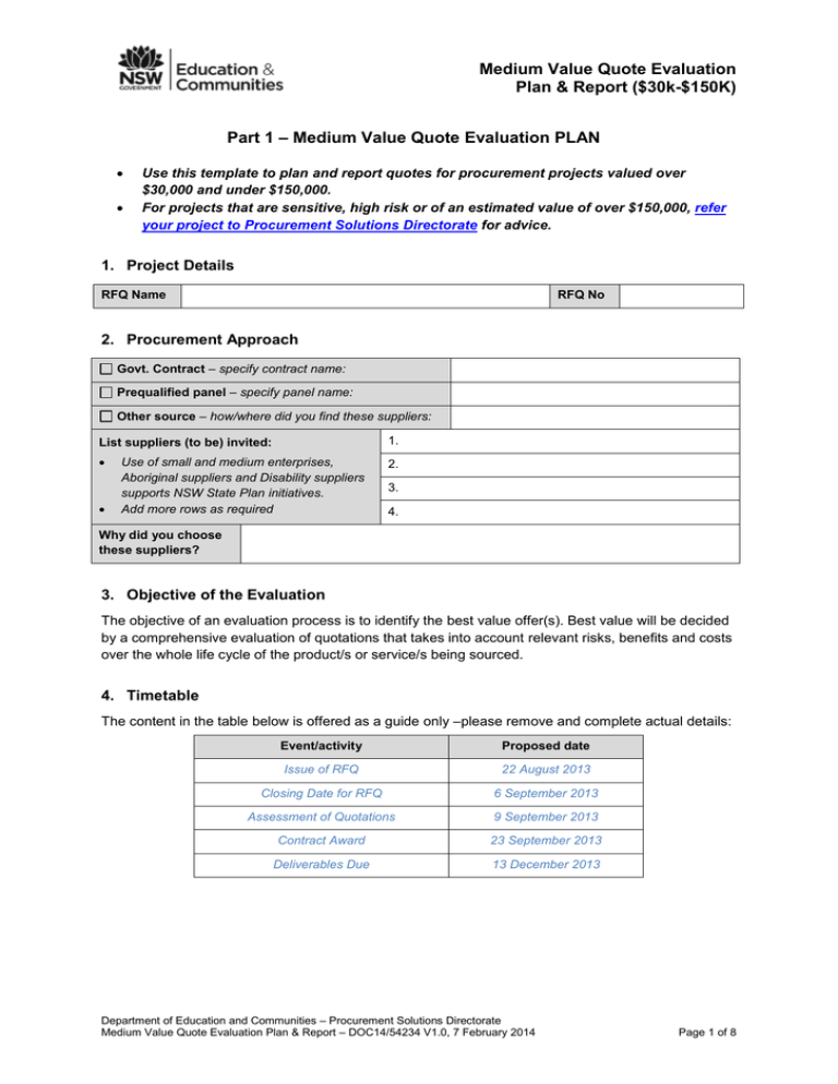 Medium Value Quote Evaluation Plan & Report Template