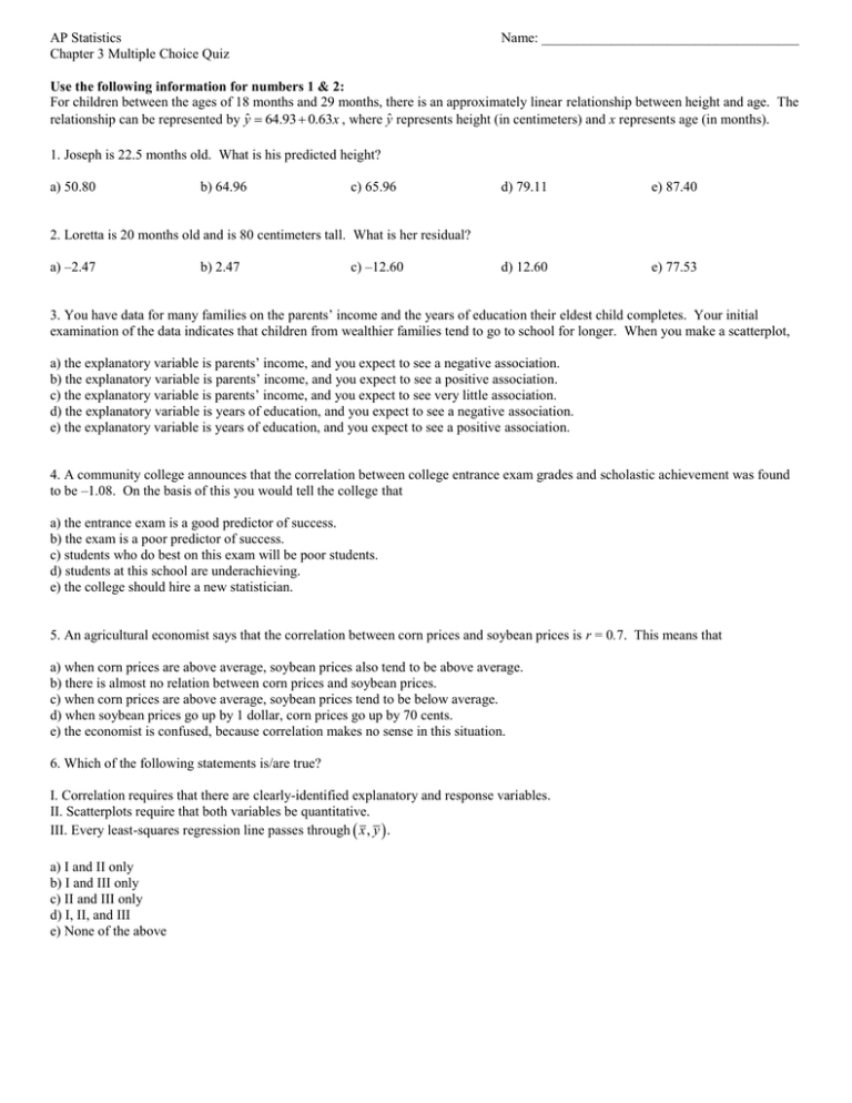 AP Statistics Chapter 3 Quiz: Linear Regression & Correlation