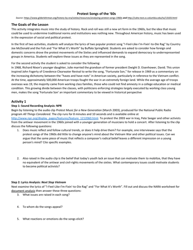 Protest Songs of the 60s: Lesson Plan & Activities