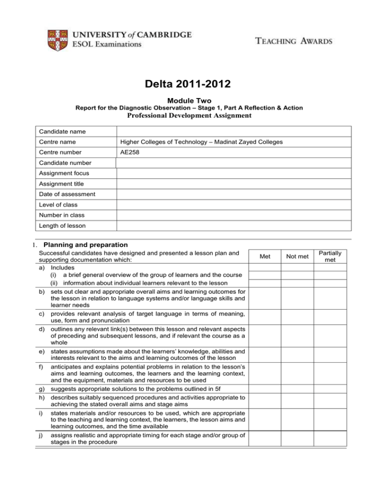 Delta Diagnostic Observation Report: Teaching Assessment