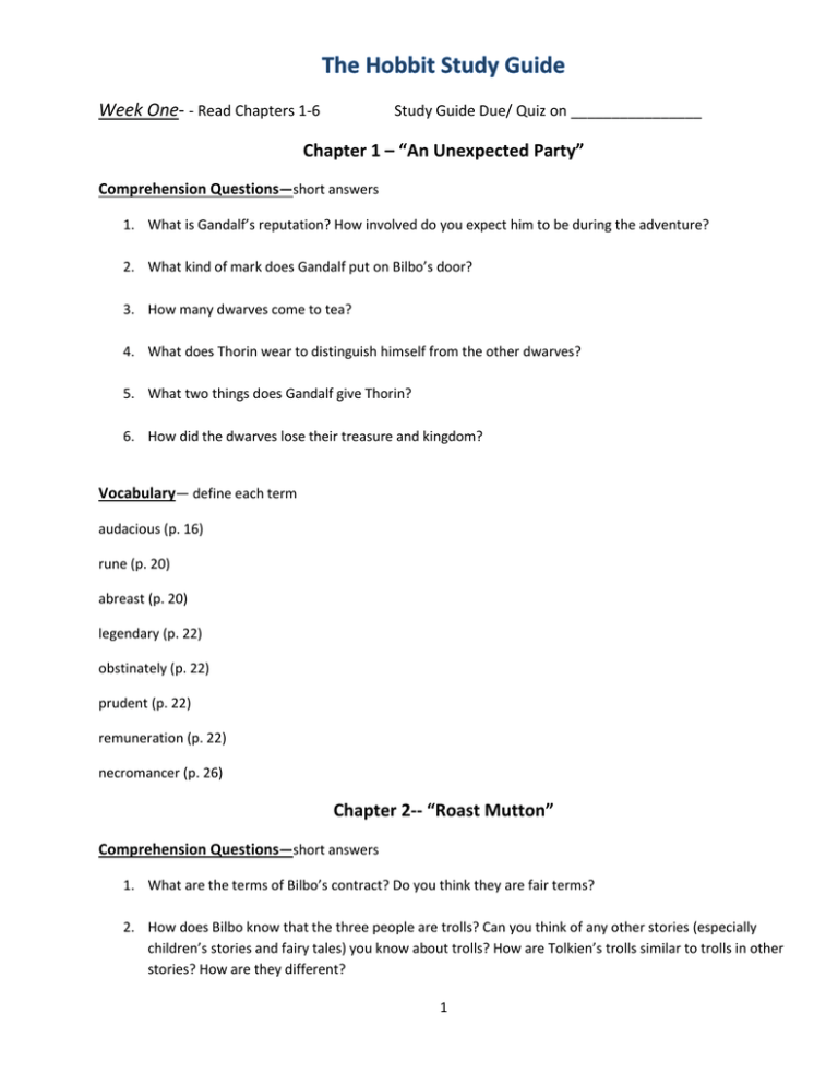 The Hobbit Study Guide: Chapters 1-6 Questions & Vocab