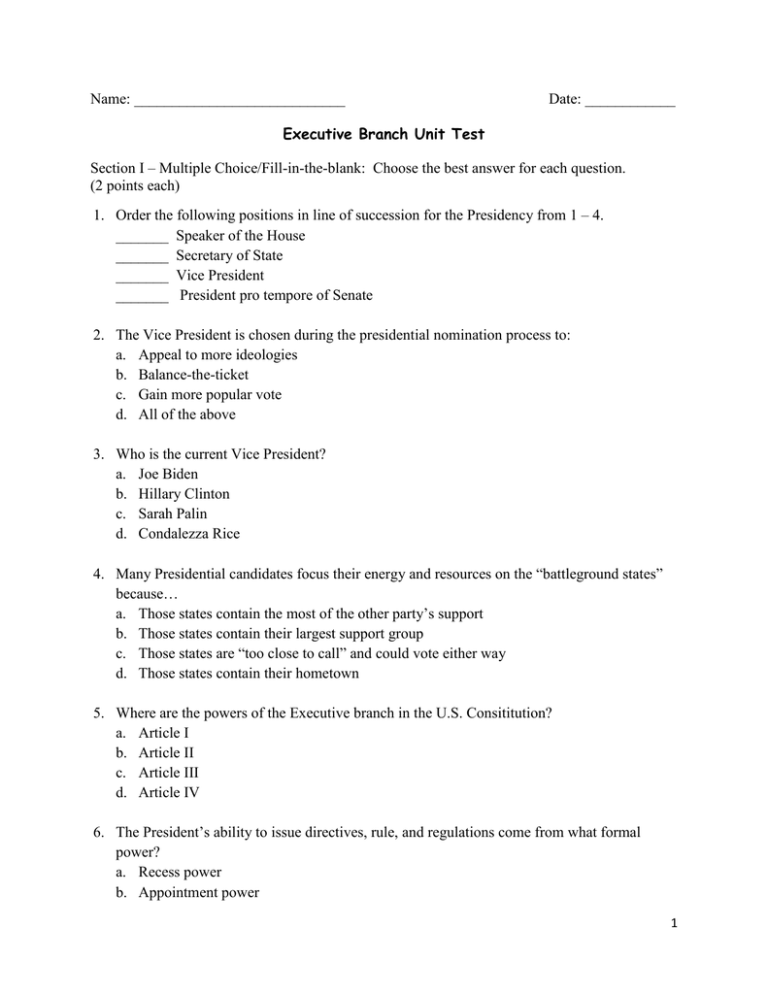 Executive Branch Unit Test - High School