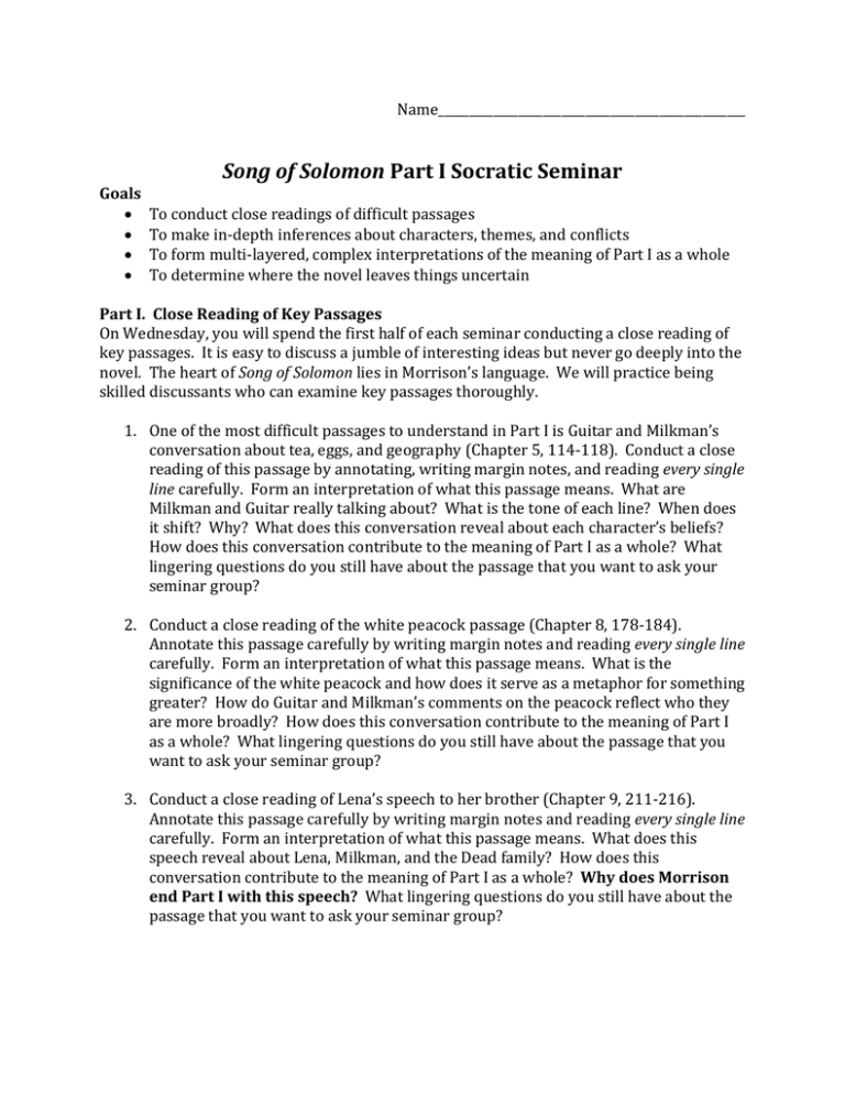 Song of Solomon Part I Socratic Seminar Guide