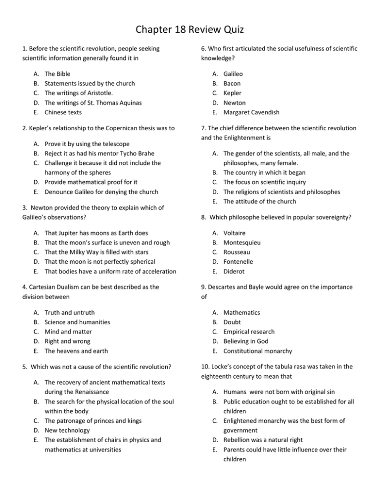 Scientific Revolution & Enlightenment Quiz
