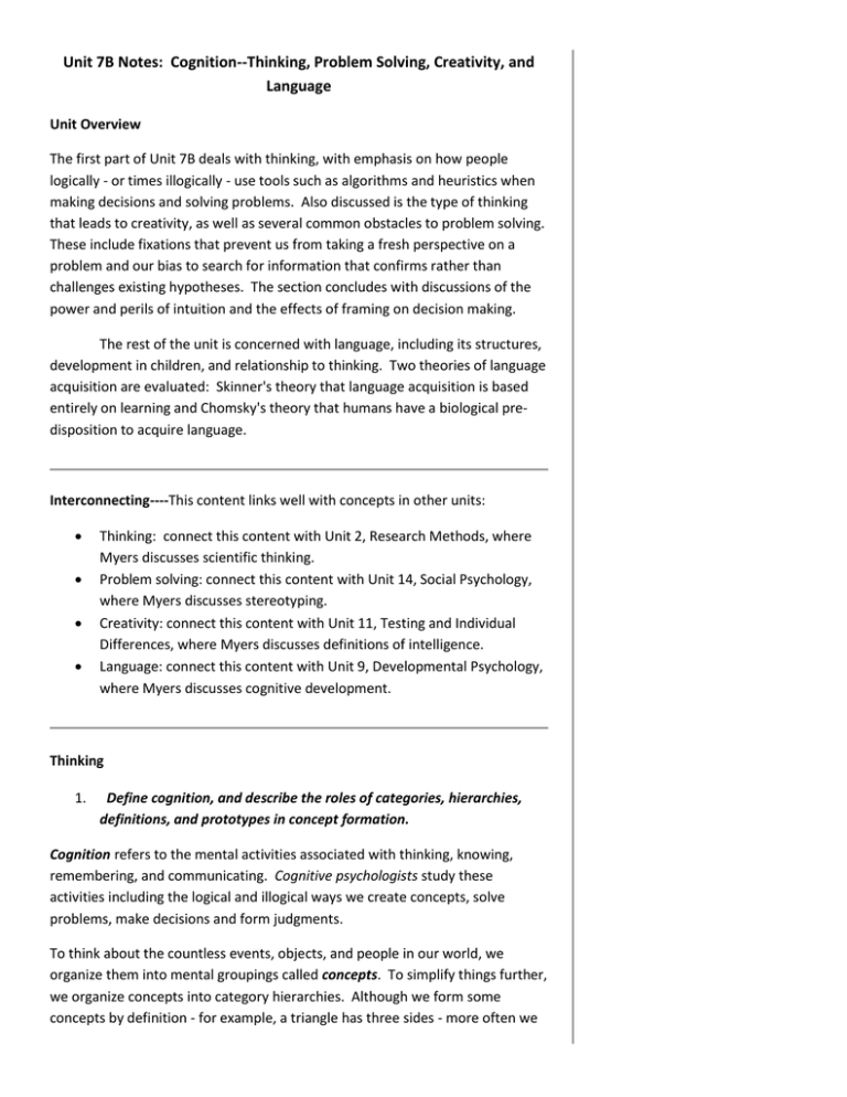 Cognition, Thinking, Problem Solving, and Language Notes