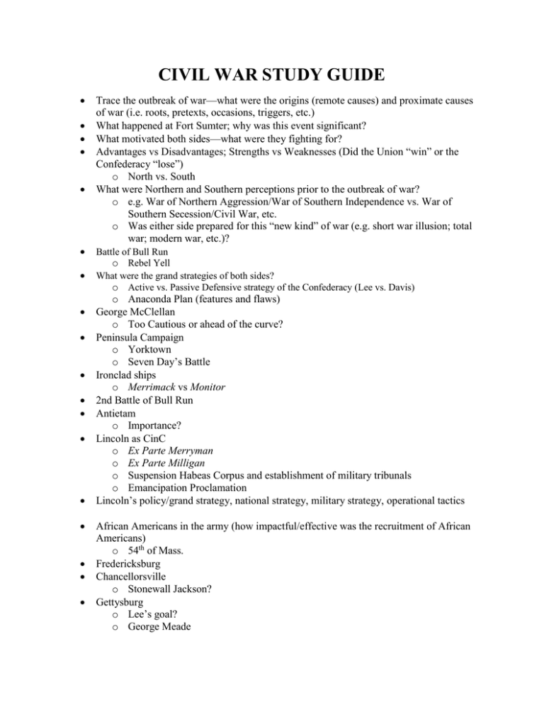 Civil War Study Guide: Causes, Battles, Key Figures