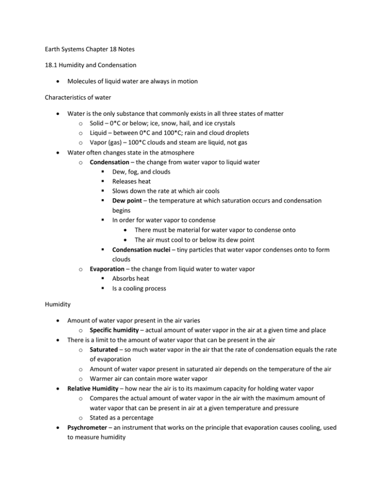 Earth Systems: Humidity, Clouds & Precipitation Notes