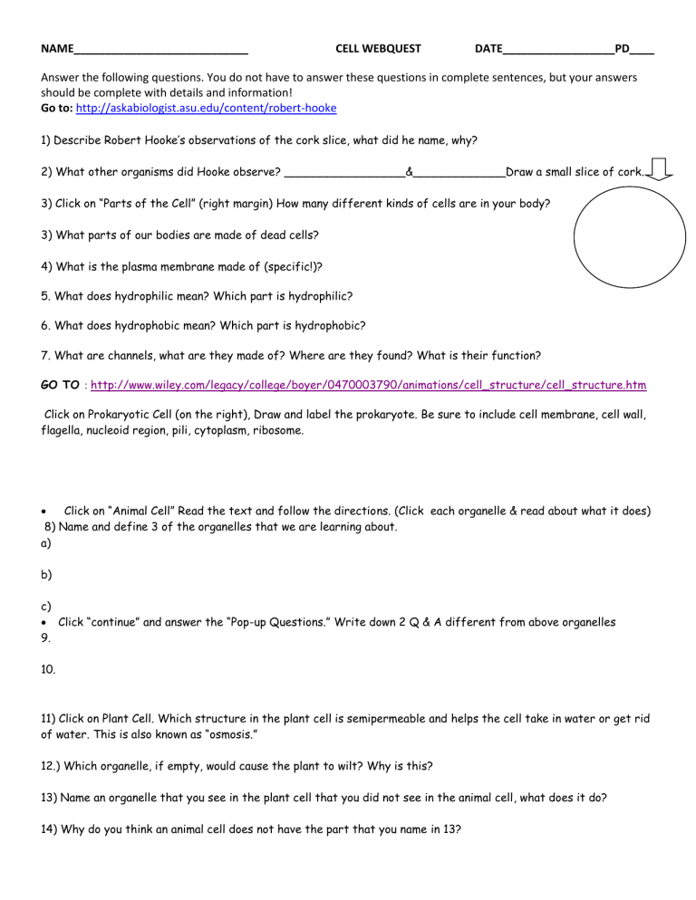 Cell Biology Webquest: Structure & Function