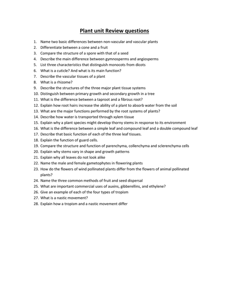 Plant unit Review questions