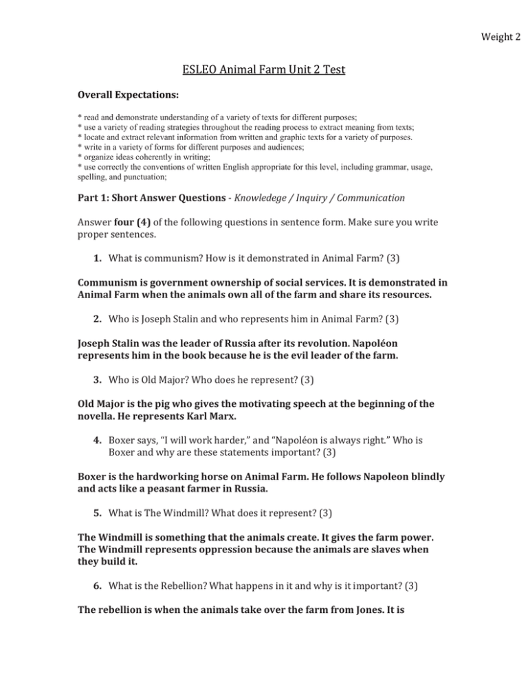 Animal Farm Unit 2 Test: ESLEO - High School