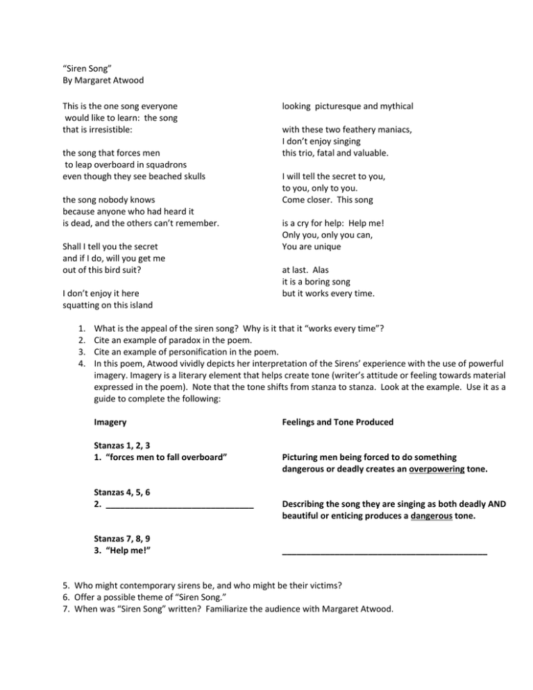 Siren Song & We Real Cool: Poem Analysis Worksheet