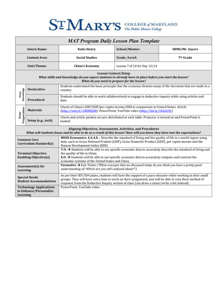 China's Economy: 7th Grade Social Studies Lesson Plan