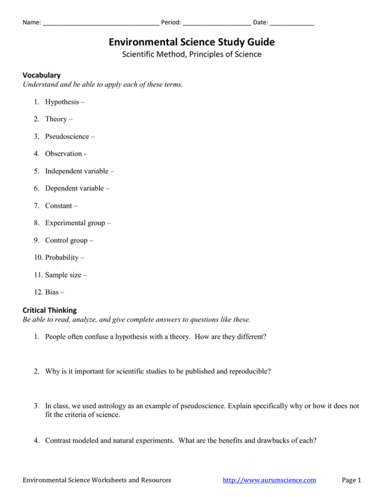 Environmental Science Study Guide: Scientific Method