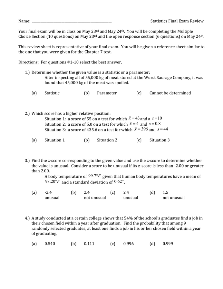 Statistics Final Exam Review - Practice Questions & Concepts