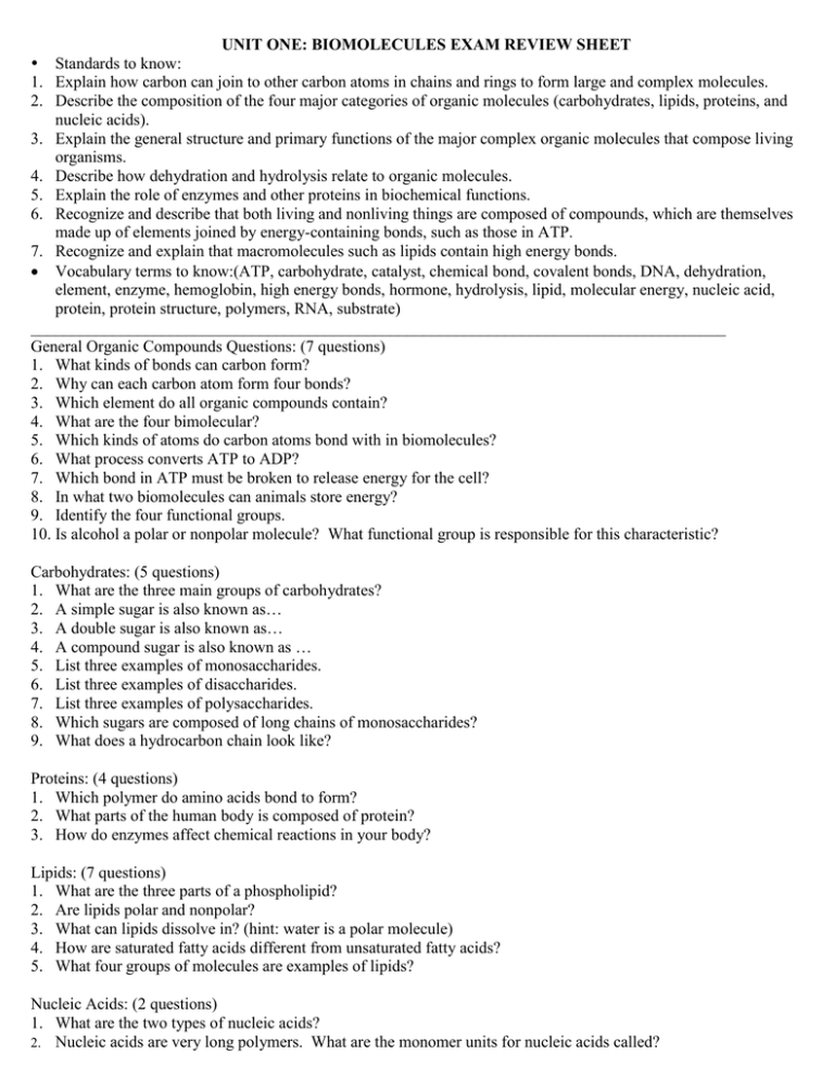 Biomolecules Exam Review Sheet: High School Biology