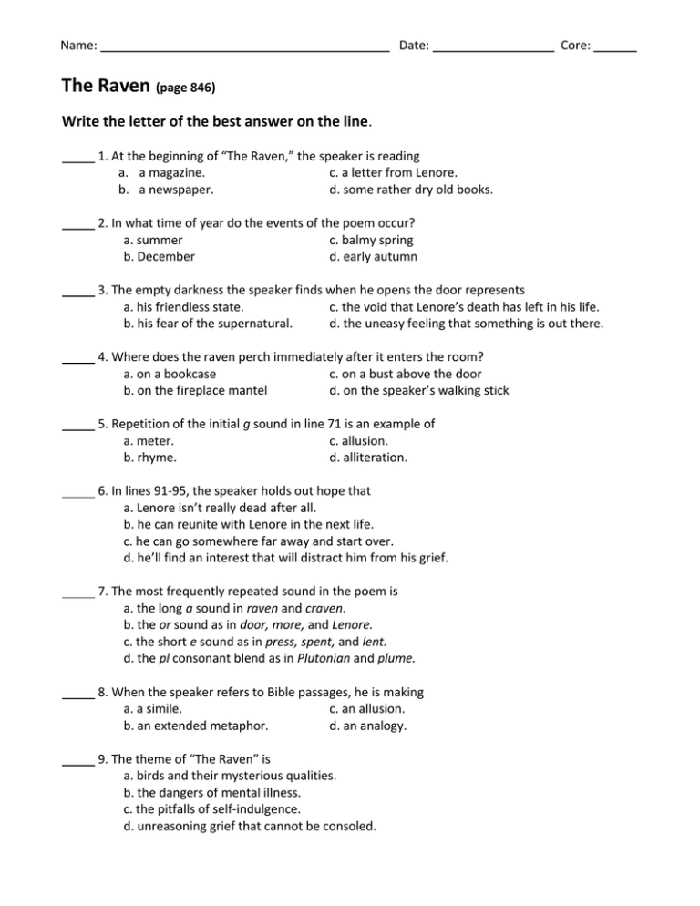 "The Raven" Worksheet: Analysis & Comprehension