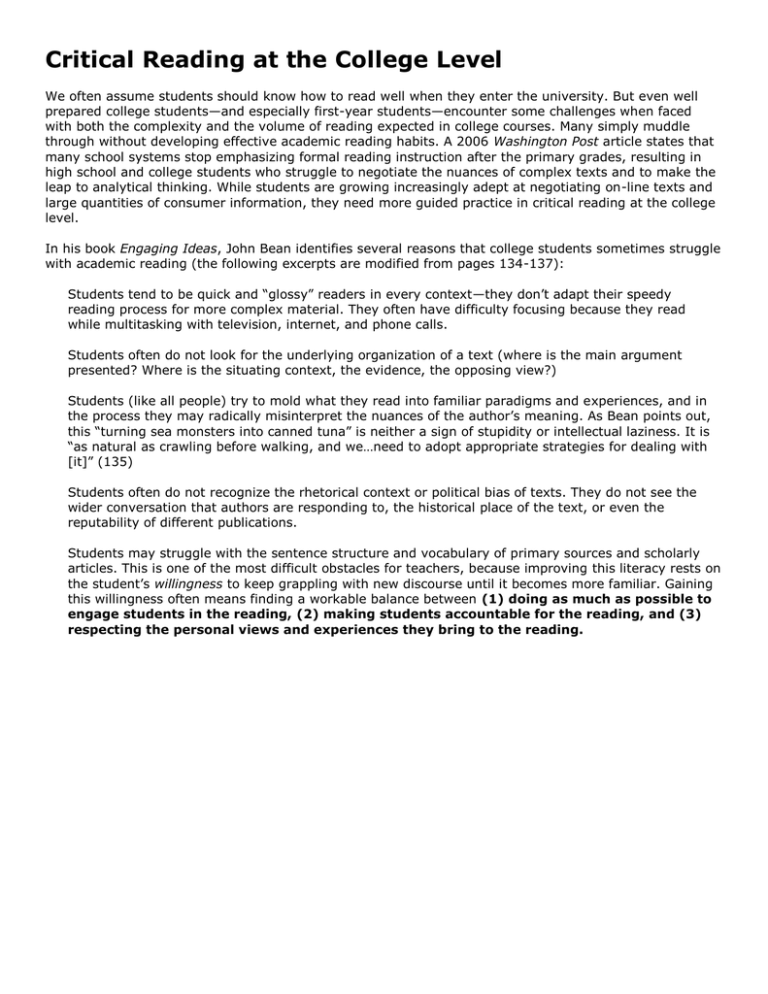 Critical Reading at the College Level