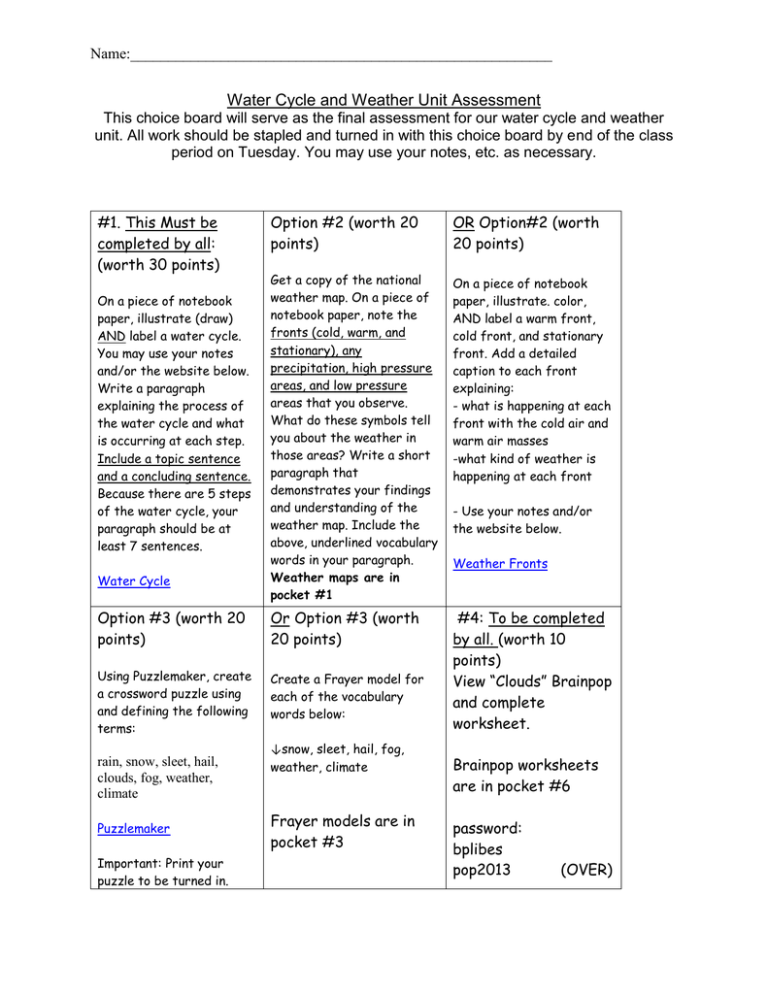 Water Cycle and Weather Choice Board final unit assessment