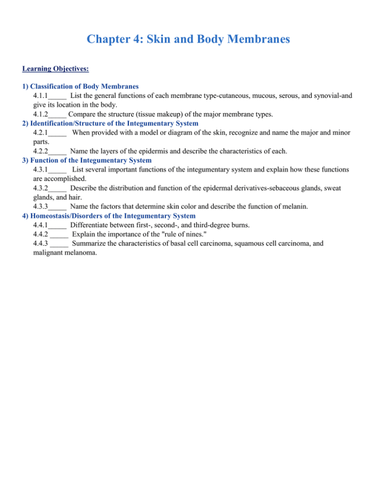 Skin & Body Membranes: Learning Objectives