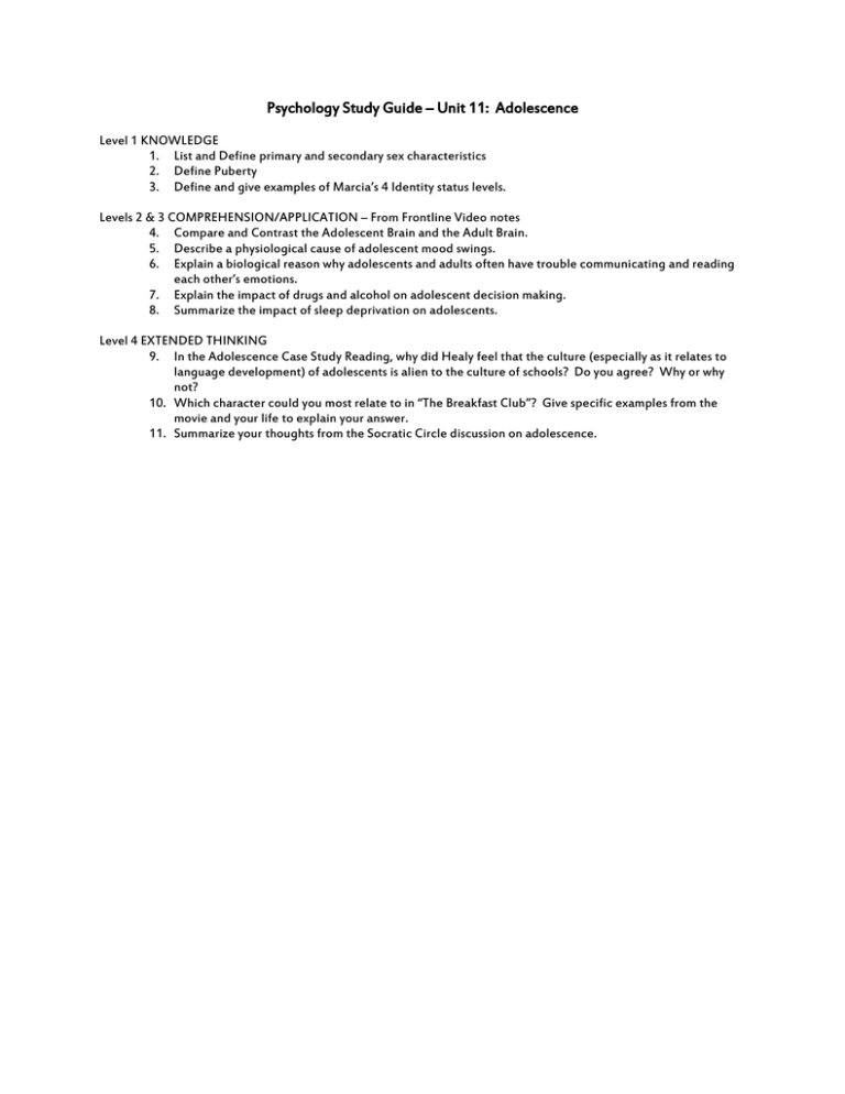 Adolescence Psychology Study Guide - Unit 11