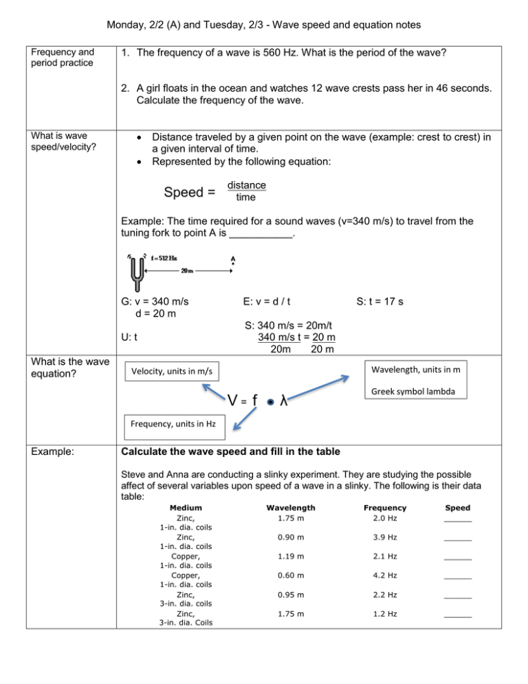 Wave Speed, Frequency & Equation Worksheet