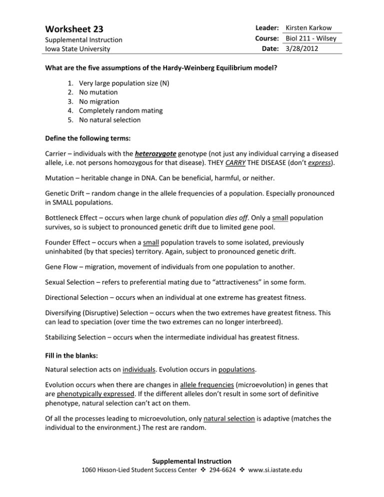 Hardy-Weinberg & Evolution Worksheet - Biology 211