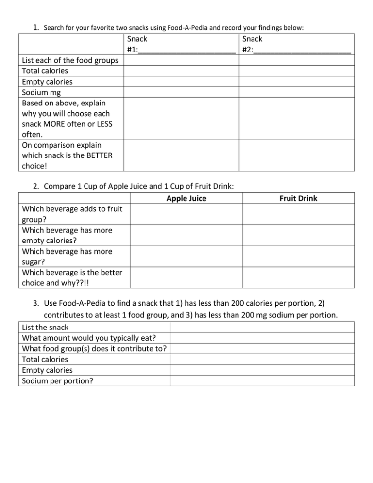 Healthy Snacking Worksheet: Nutrition & Food Choices