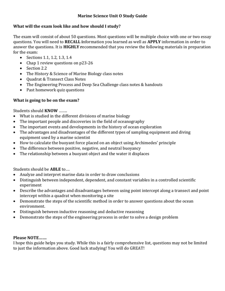 Marine Science Exam Study Guide: Oceanography & Biology