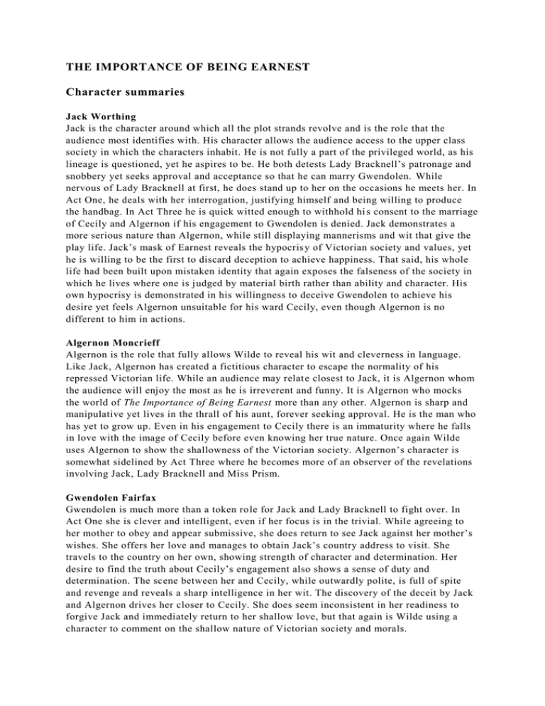 THE IMPORTANCE OF BEING EARNEST Character summaries
