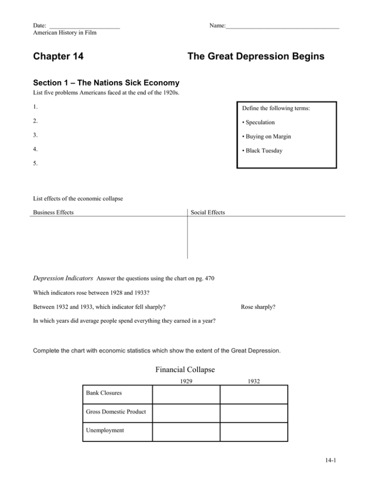 Great Depression & Seabiscuit Worksheet - American History