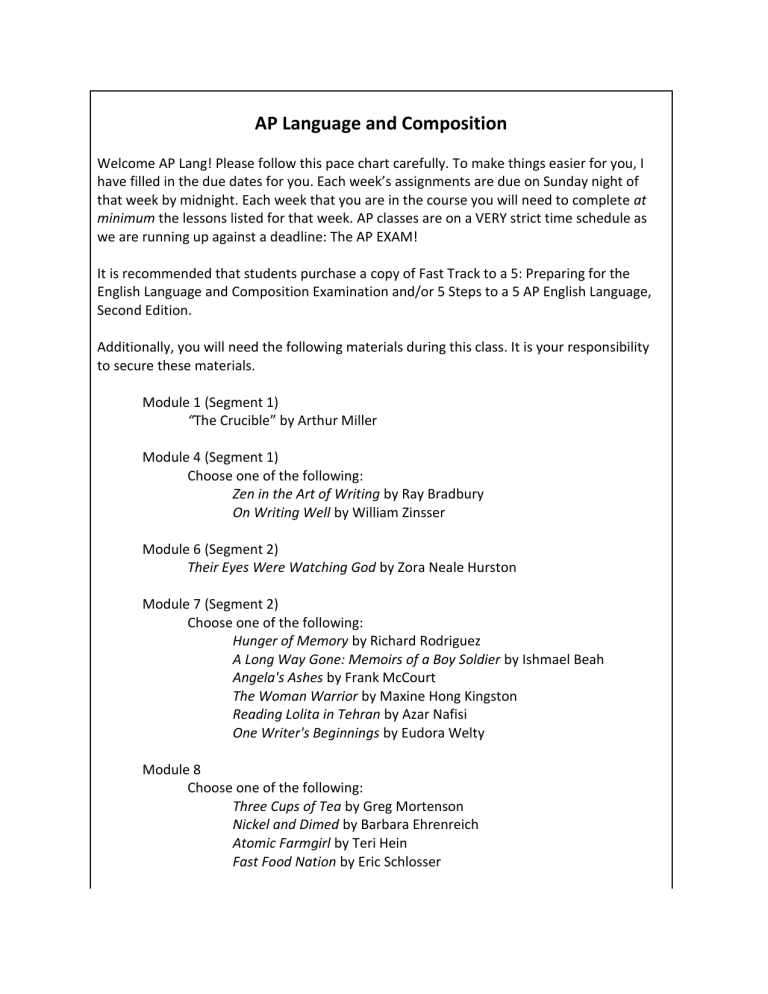 AP Language & Composition Course Syllabus & Schedule