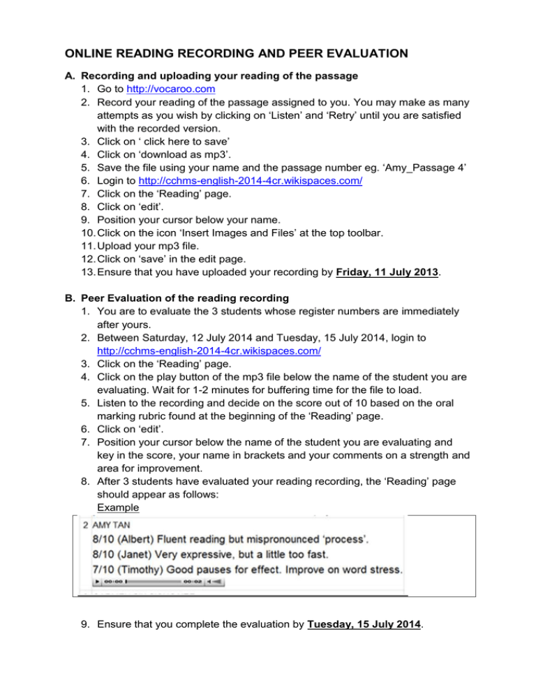Reading Recording & Peer Evaluation Assignment Instructions