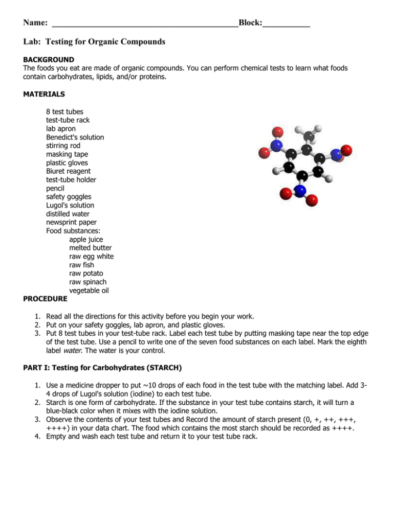 Testing for Organic Compounds Lab Worksheet