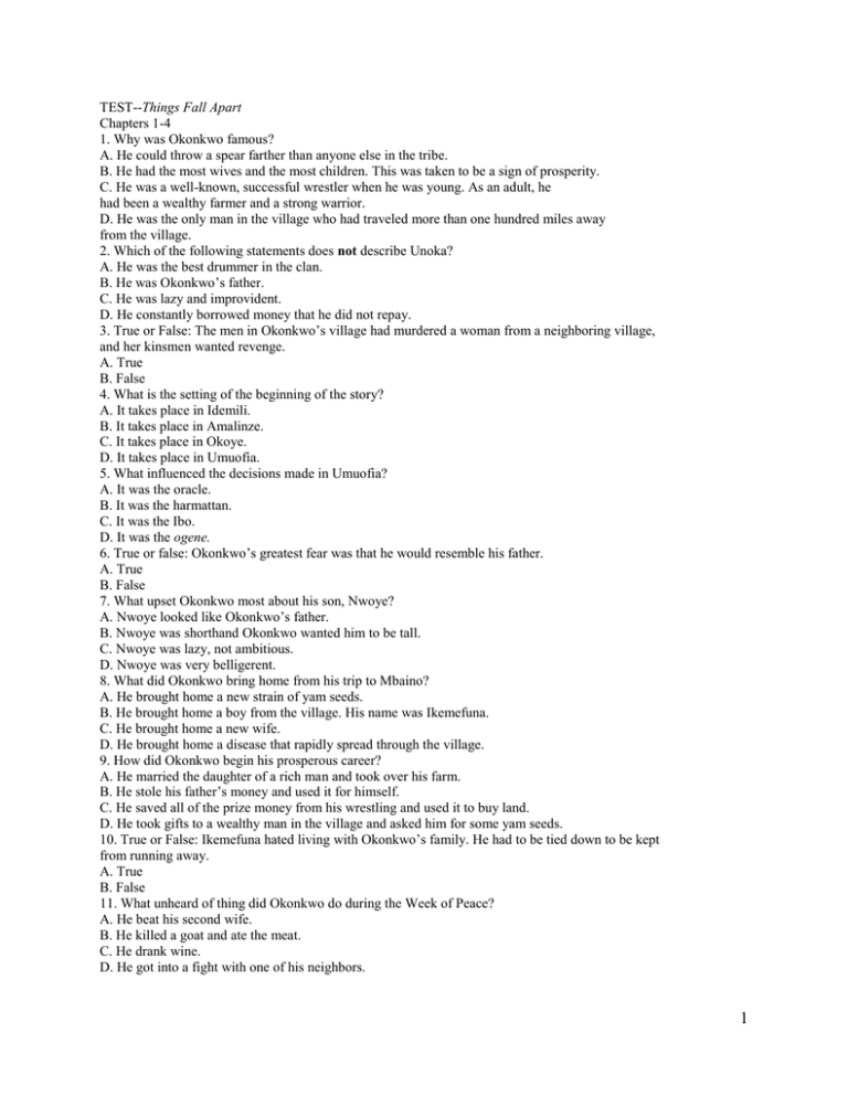 Things Fall Apart Test: Chapters 1-13