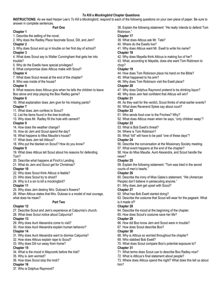 To Kill a Mockingbird Chapter Questions