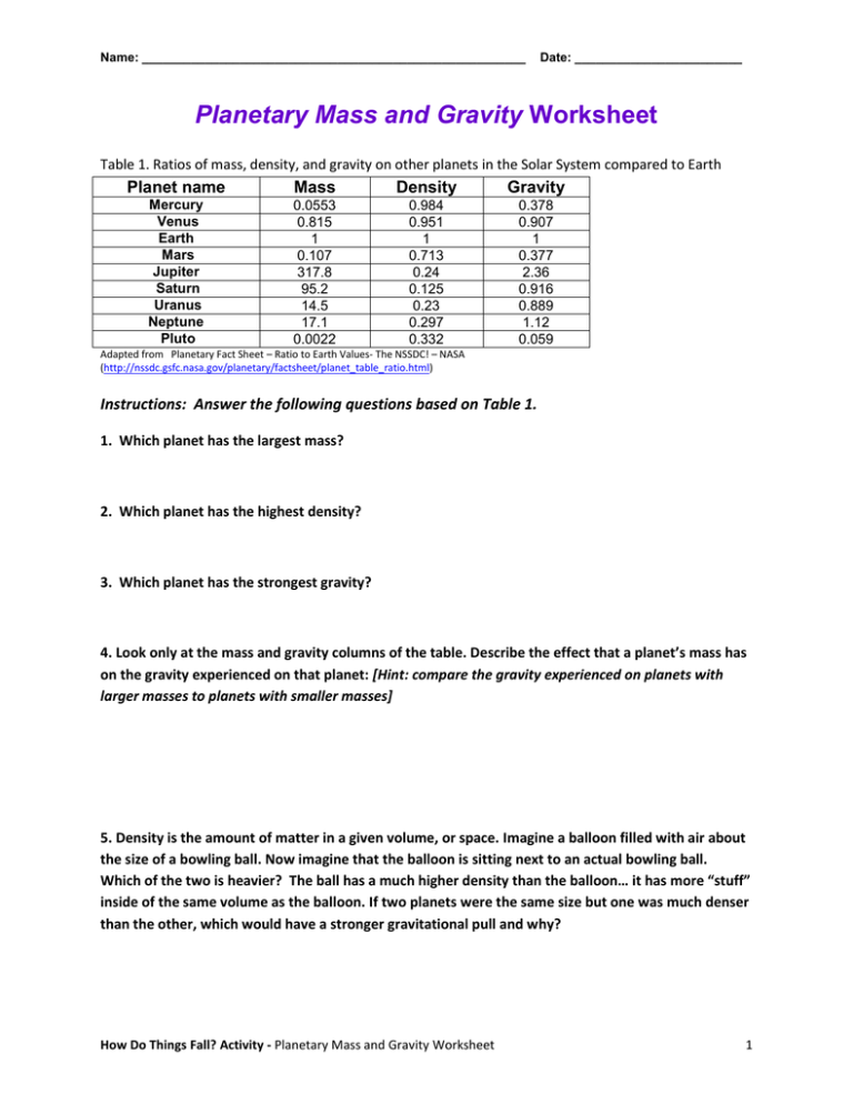 Planetary Mass and Gravity Worksheet
