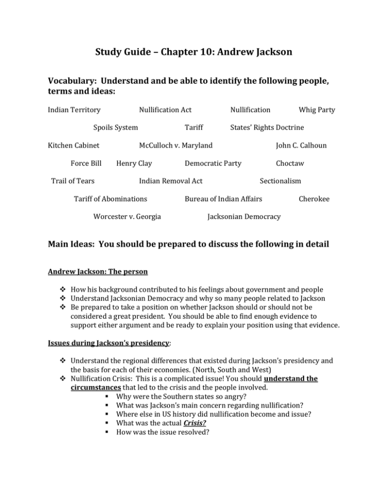 Andrew Jackson Study Guide: Key Issues & Vocabulary