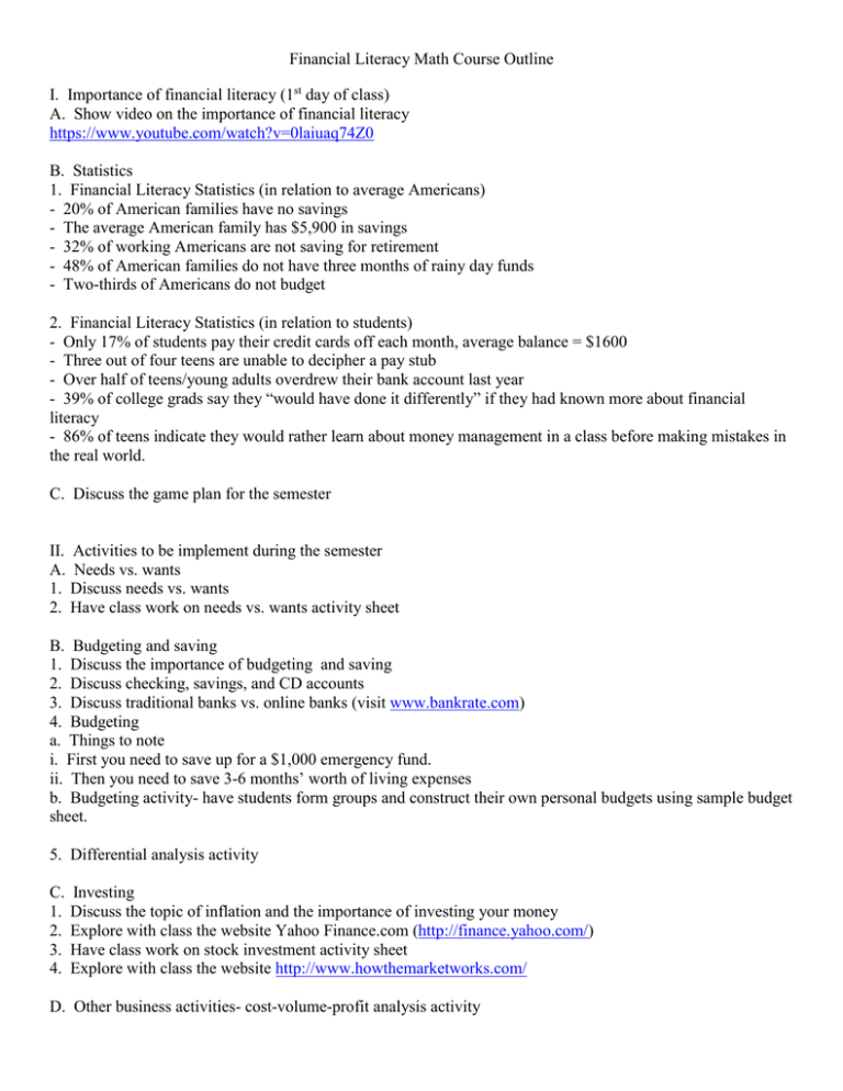 Financial Literacy Math Course Outline