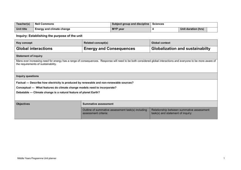 Energy & Climate Change Unit Planner - MYP Year 4