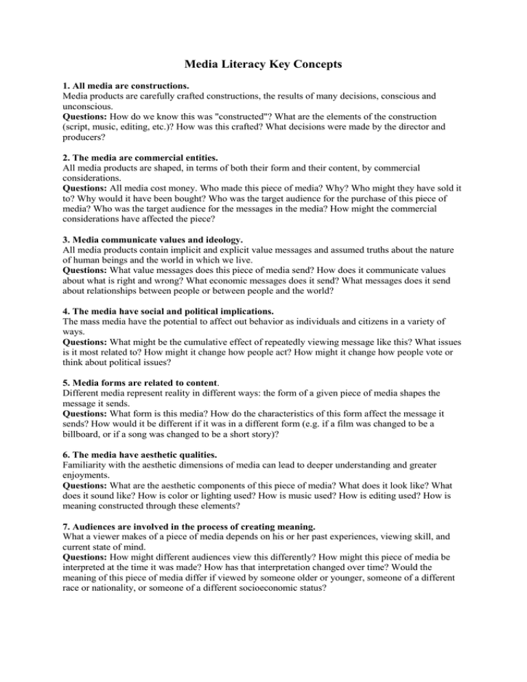 Media Literacy Key Concepts: A Guide to Critical Analysis