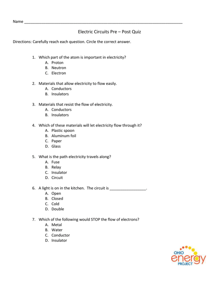 Electric Circuits Quiz: Pre & Post Test for Students