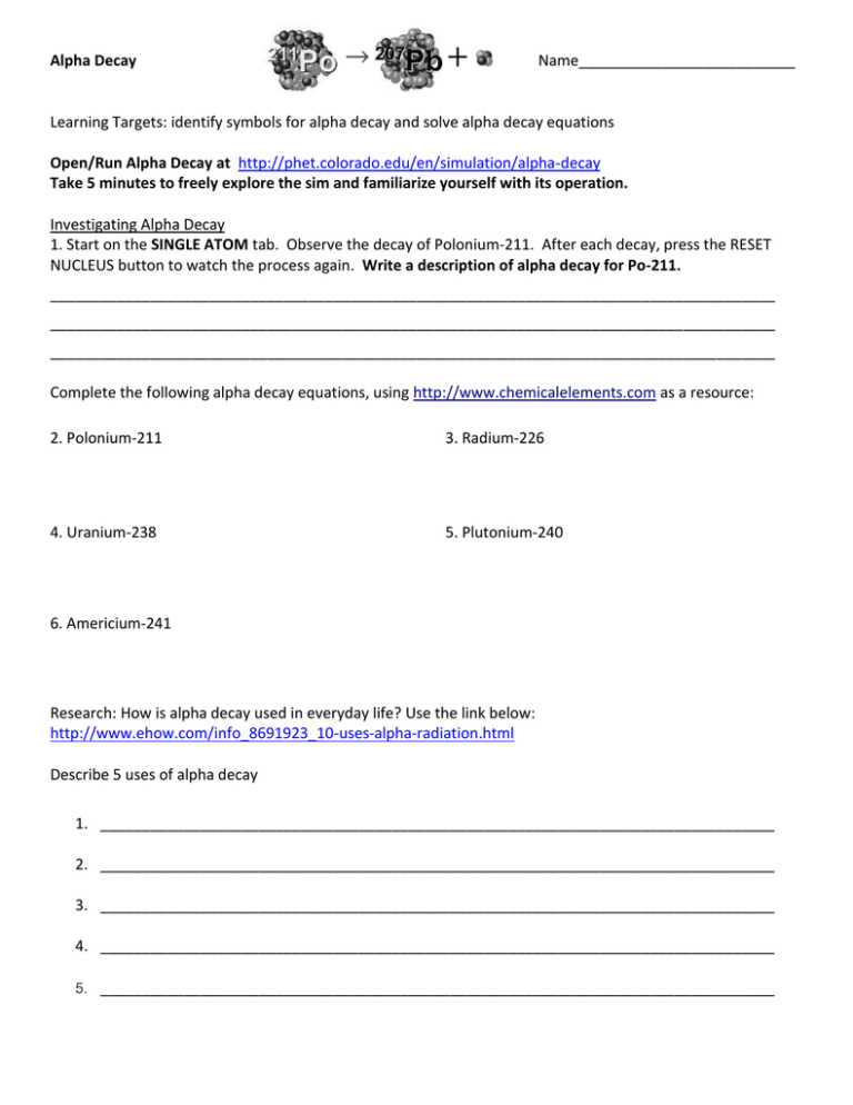 Alpha Decay Worksheet: Equations & Half-Life