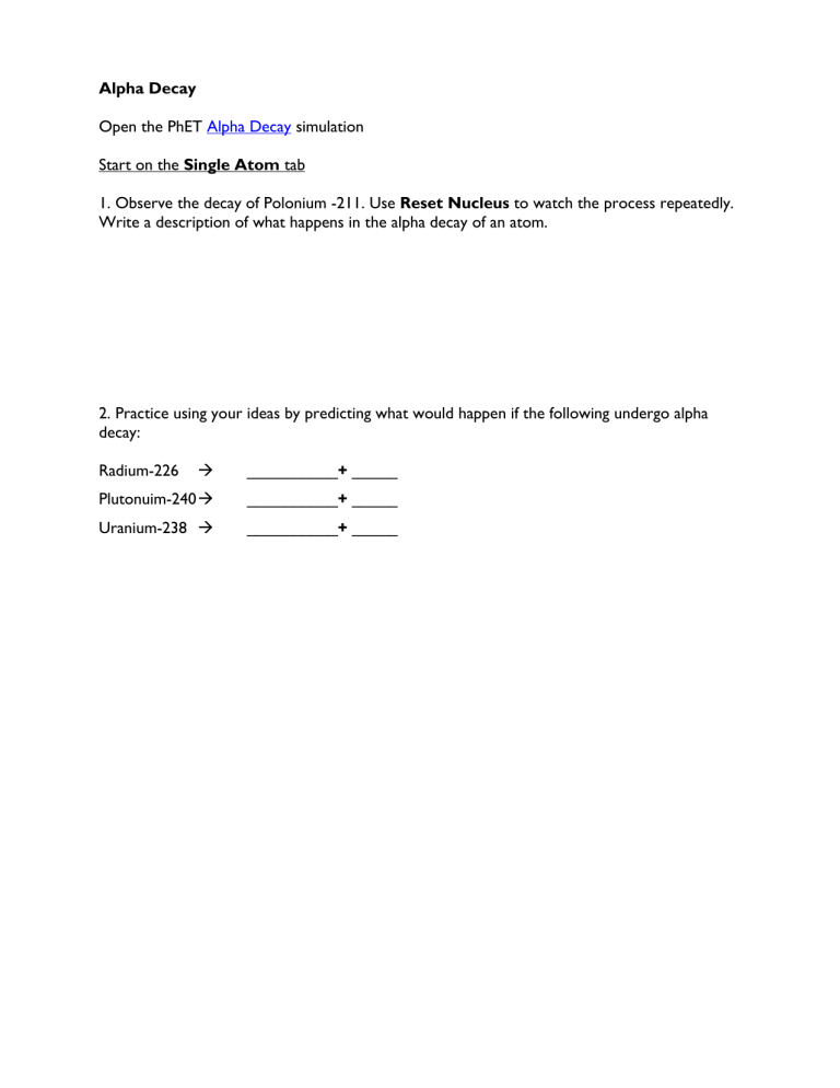 Alpha & Beta Decay and Half-Life Worksheet