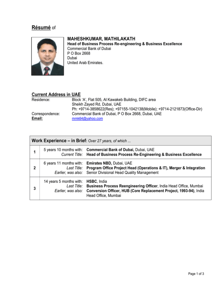 Maheshkumar Mathilakath Resume | Business Process Re-engineering Expert