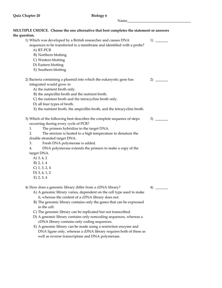 Biology Quiz: DNA Technology & Molecular Biology