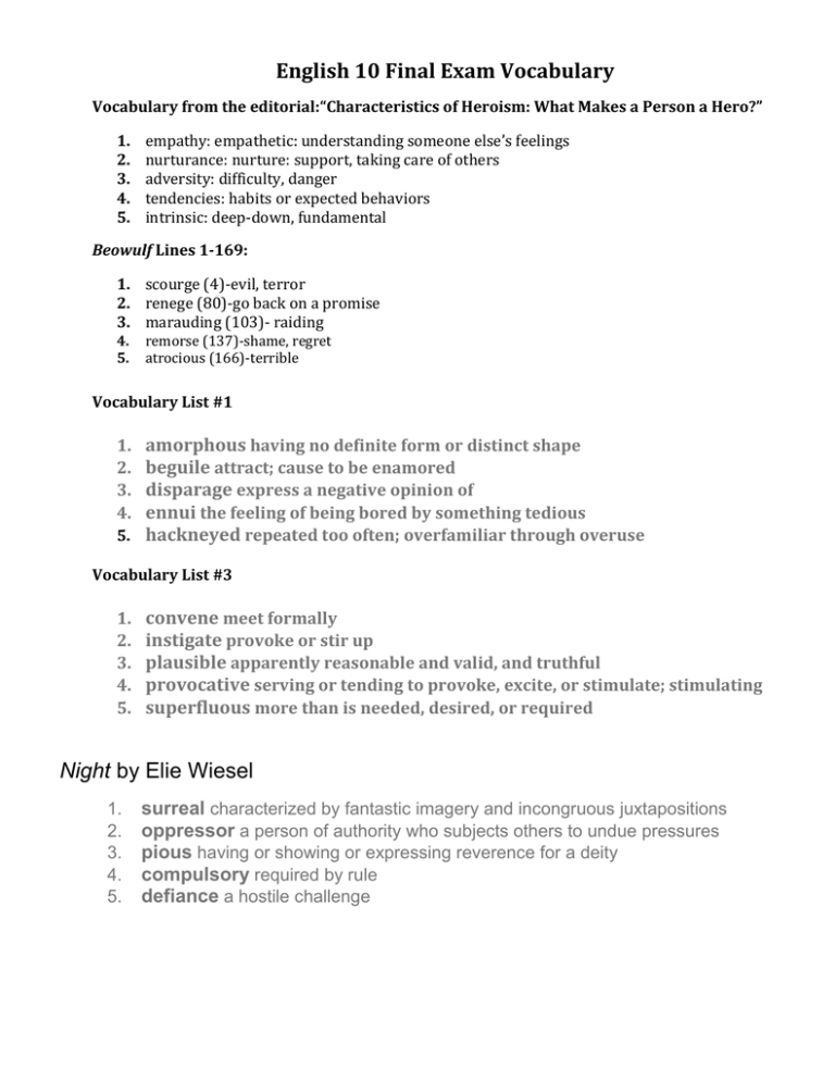 English 10 Final Exam Vocabulary List
