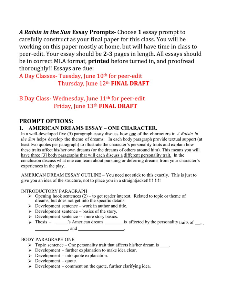 A Raisin in the Sun Essay Prompts: American Dream Analysis