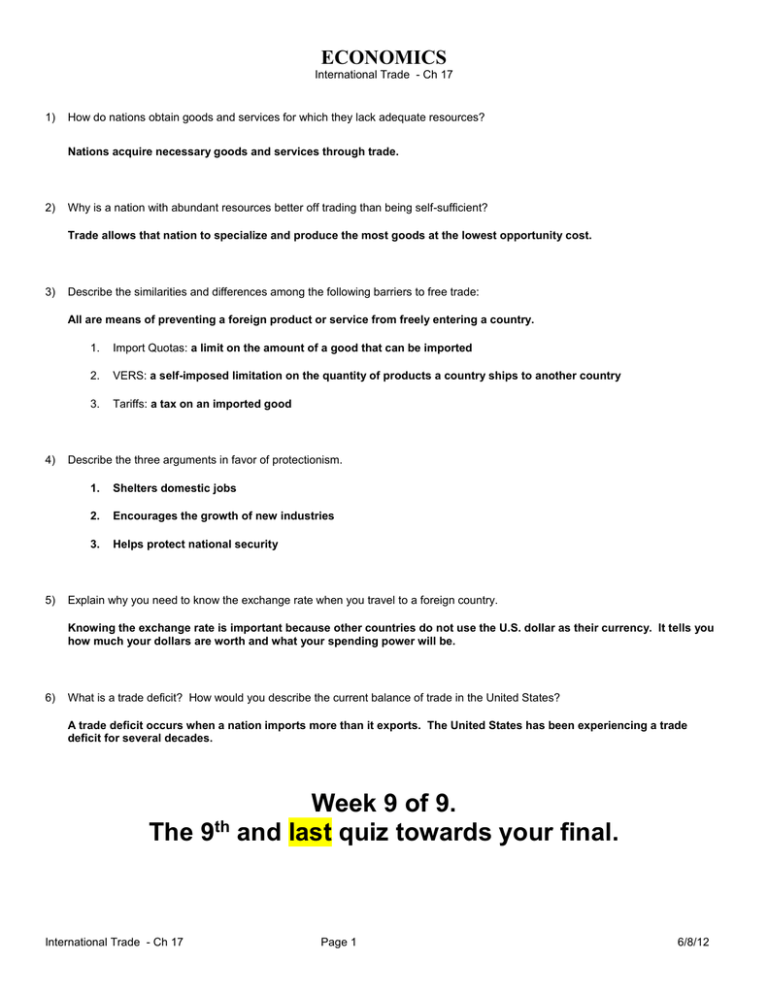 International Trade Quiz - Economics Chapter 17