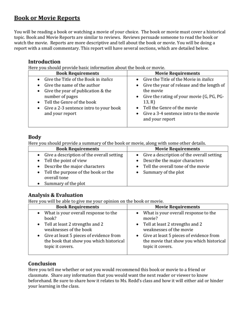 Book or Movie Report Rubric