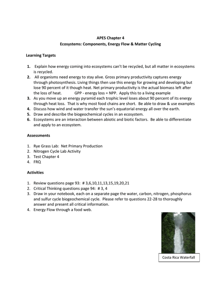 APES Ecosystems: Energy Flow & Matter Cycling Syllabus